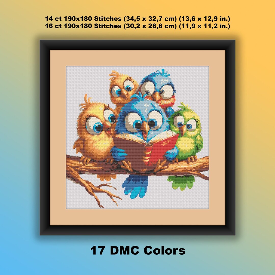 Whimsical Bookworm Birds Cross Stitch Pattern - Watercolor Branch Scene ...