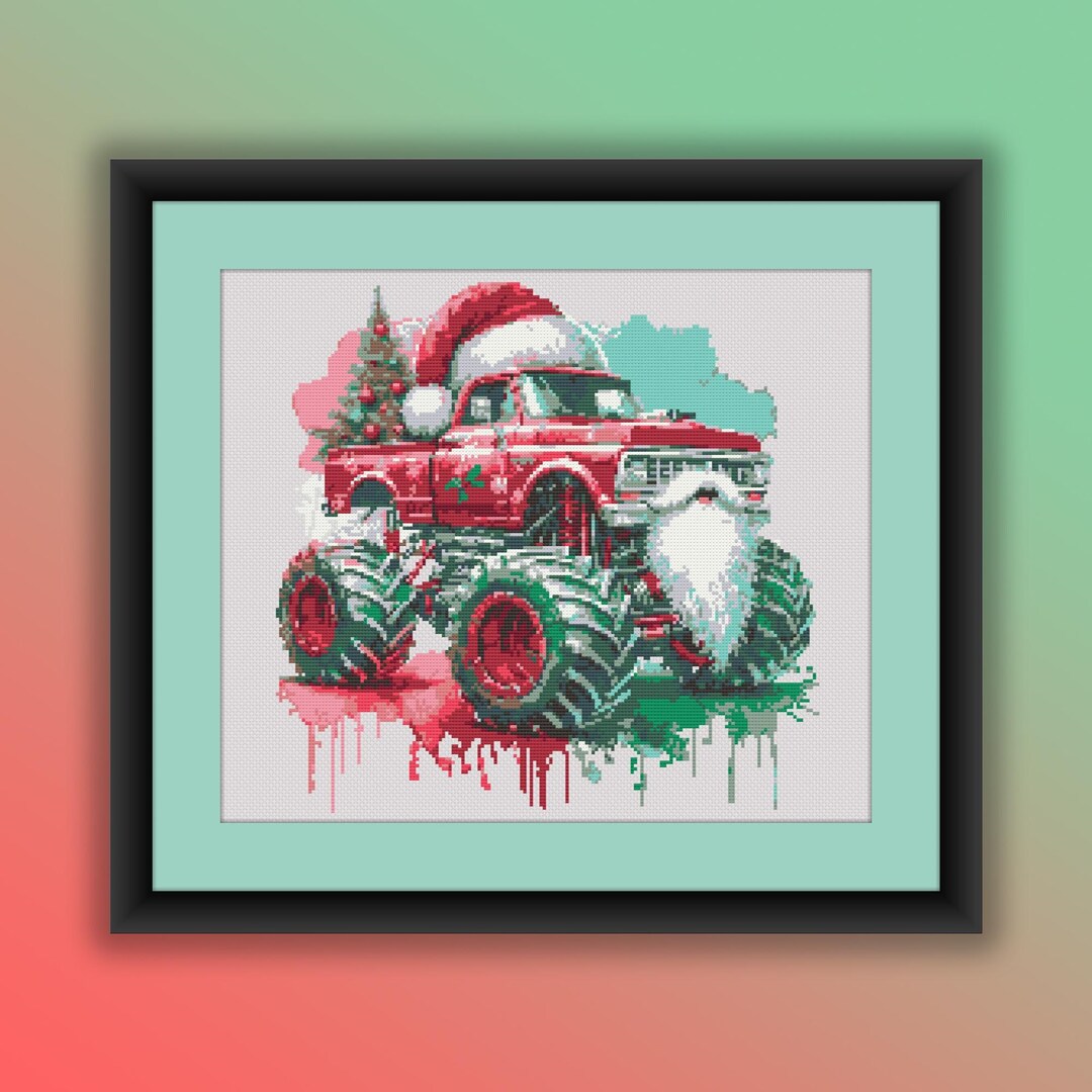 Watercolor Christmas Monster Truck Cross Stitch Pattern: Off-road Santa ...