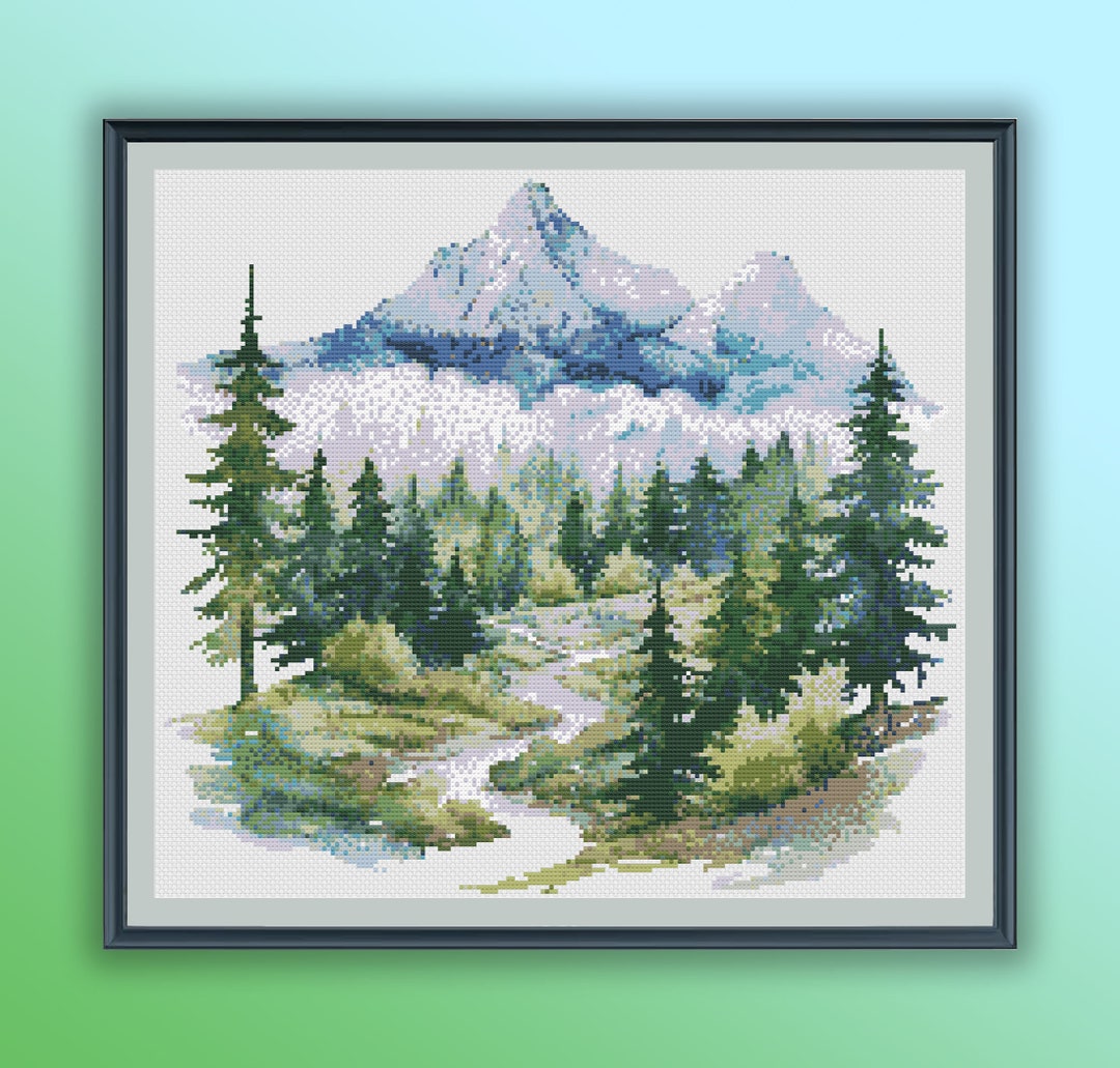 Watercolor Pine Forest and Mountains Counted Cross Stitch PDF Pattern ...
