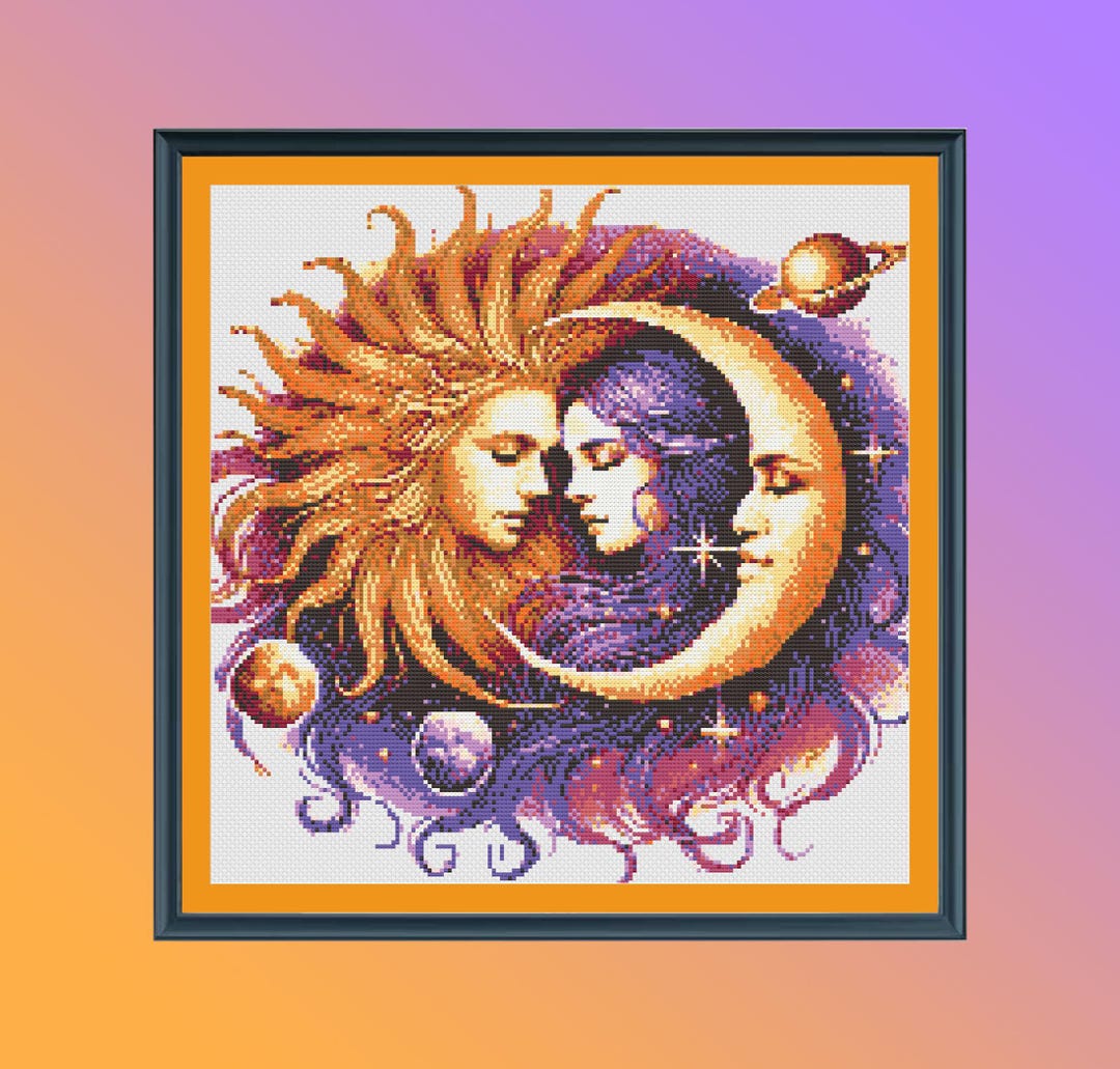 Watercolor Sun and Moon Cross Stitch Pattern: Celestial Boho Embroidery ...