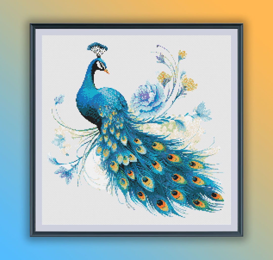 Watercolor Blue Peacock Counted Cross Stitch PDF Pattern, Colorful ...