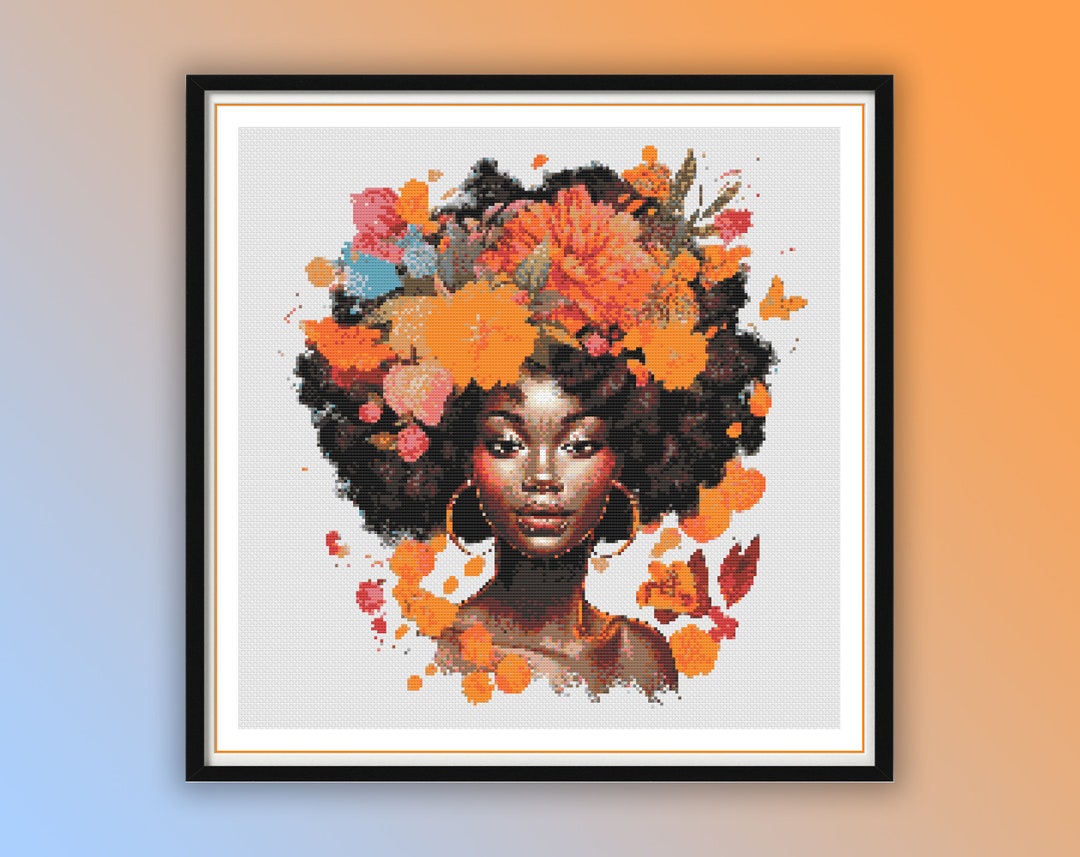 Watercolor Floral Beautiful Black Girl Counted Cross Stitch PDF Pattern ...
