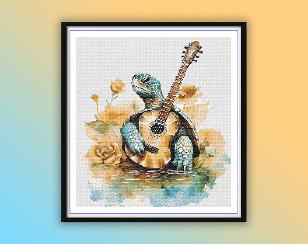 Watercolor Sea Turtle Playing Guitar Counted Cross Stitch PDF Pattern ...