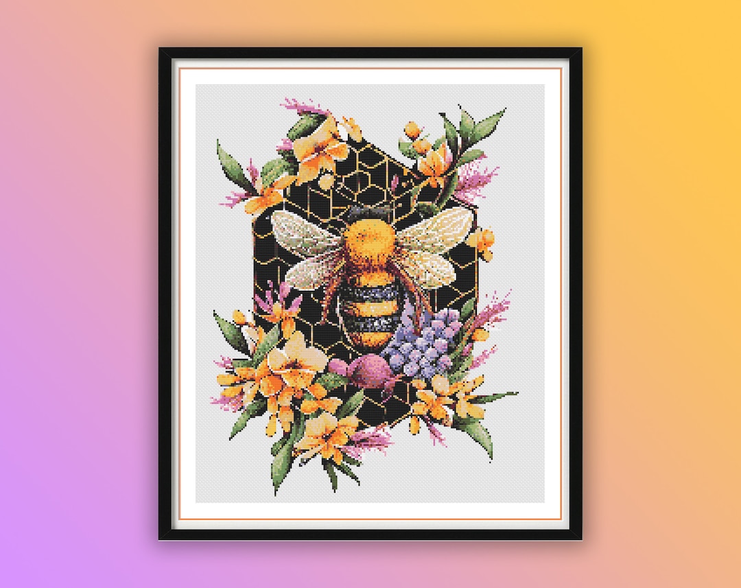 Watercolor Honey Bee Cross Stitch Pattern: Floral Spring Embroidery ...