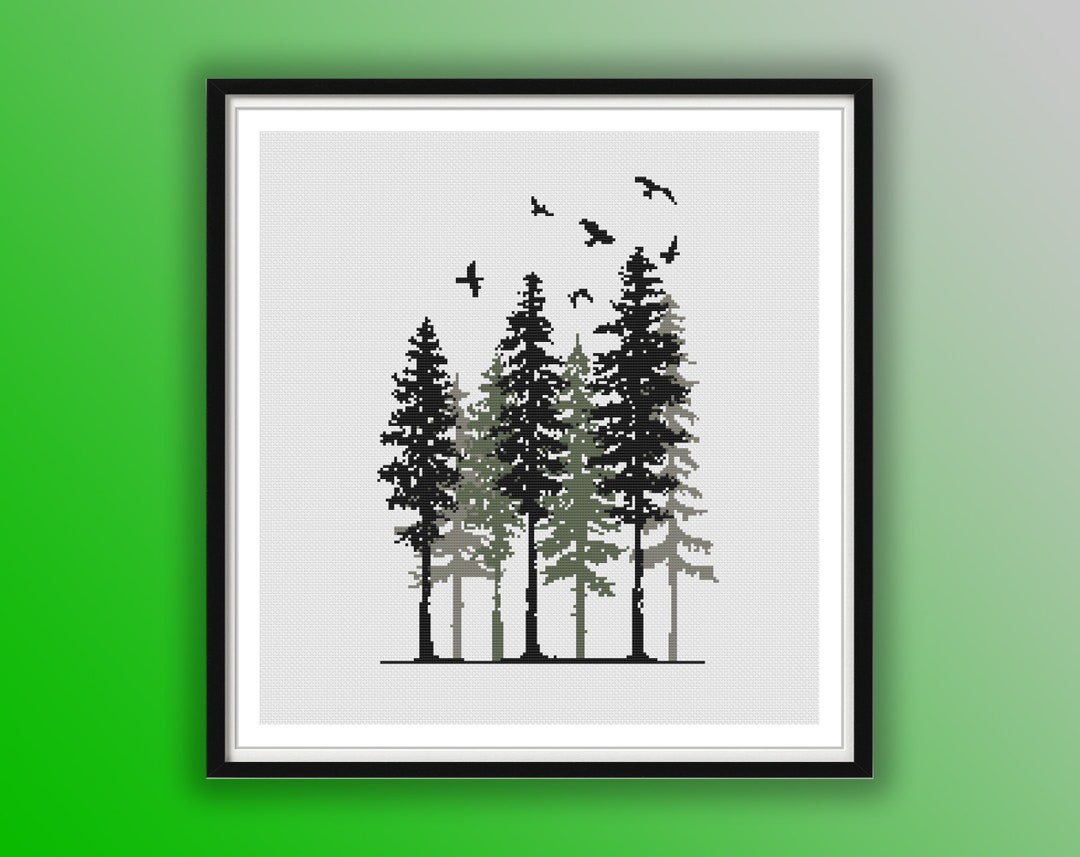 Serene Forest Landscape Cross Stitch Pattern: Watercolor Pine Trees ...