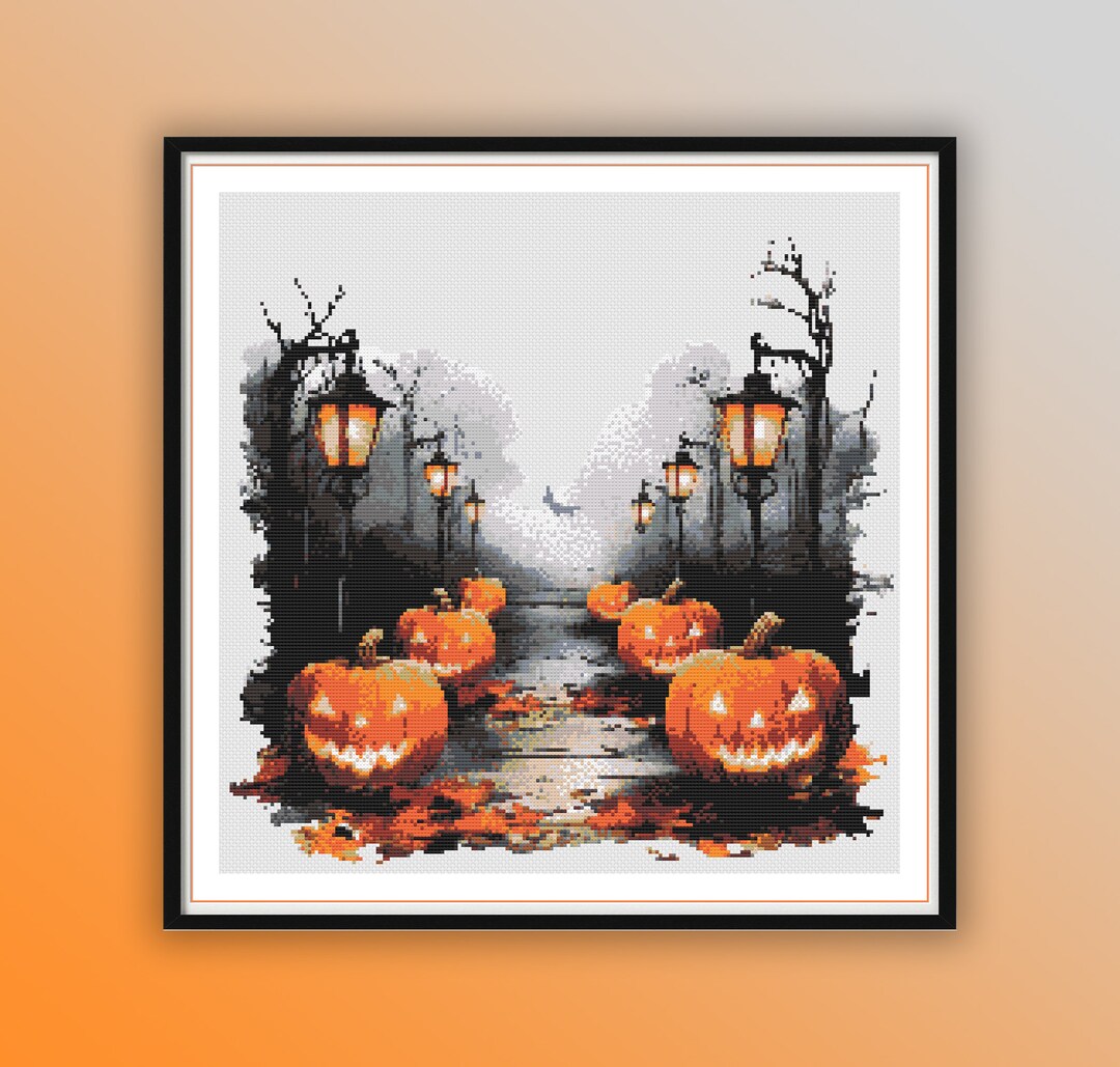 Spooky Watercolor Halloween Path Cross Stitch Pattern: Pumpkins ...