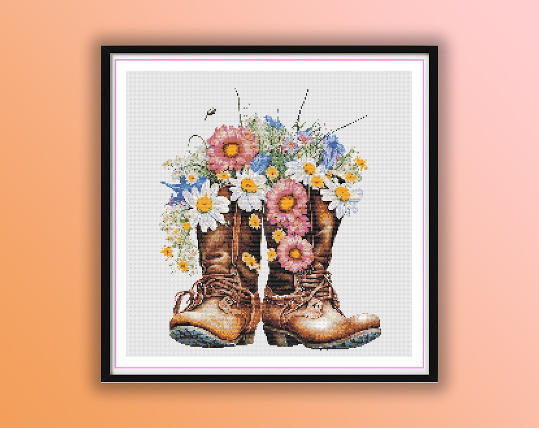 Floral Cowboy Boots Cross Stitch Pattern: Watercolor Bouquet With ...