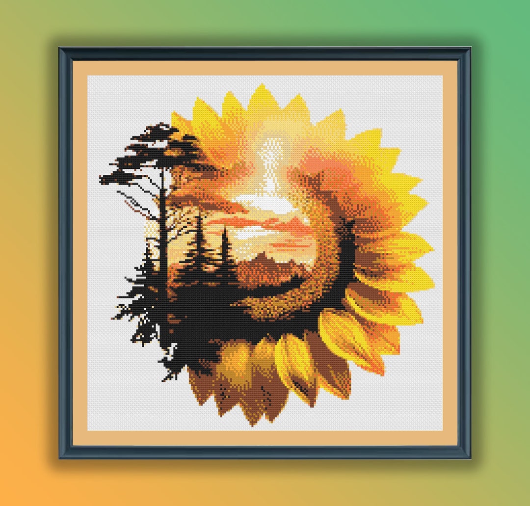 Watercolor Sunflower Sunset Counted Cross Stitch PDF Pattern, Mountains ...