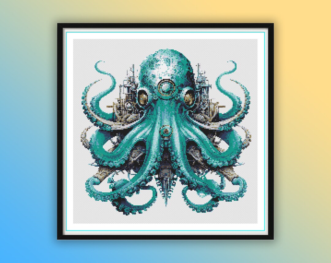 Watercolor Steampunk Octopus Cross Stitch Pattern: Vibrant Ocean Life ...