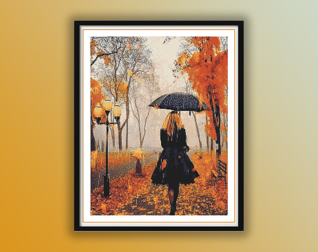 Lady With Umbrella Counted Cross Stitch PDF Pattern, Rainy Autumn Day ...