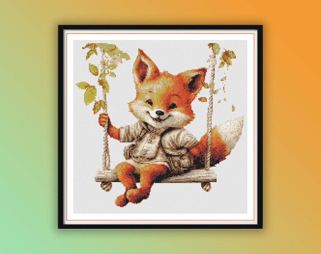Whimsical Watercolor Fox on Swing - Woodland Cross Stitch Pattern PDF ...