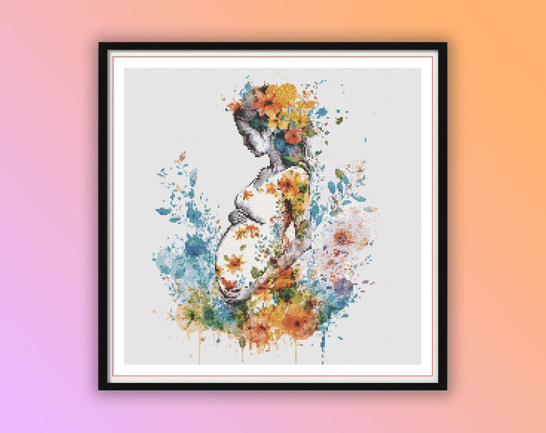 Watercolor Floral Pregnant Mother Cross Stitch Pattern: Modern ...