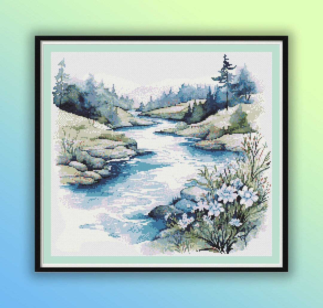 Watercolor Forest River Landscape Counted Cross Stitch PDF Pattern ...