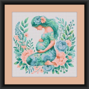 Watercolor Floral Pregnant Mother Cross Stitch Pattern - Modern ...