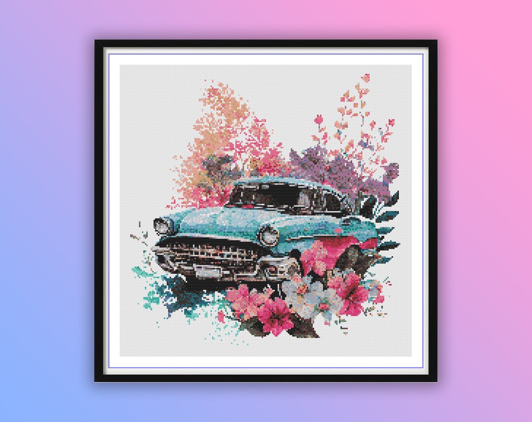 Watercolor Vintage Floral American Car Counted Cross Stitch PDF Pattern ...