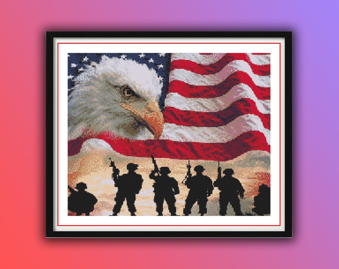American Eagle Flag Cross Stitch Pattern: Patriotic Soldiers Embroidery ...