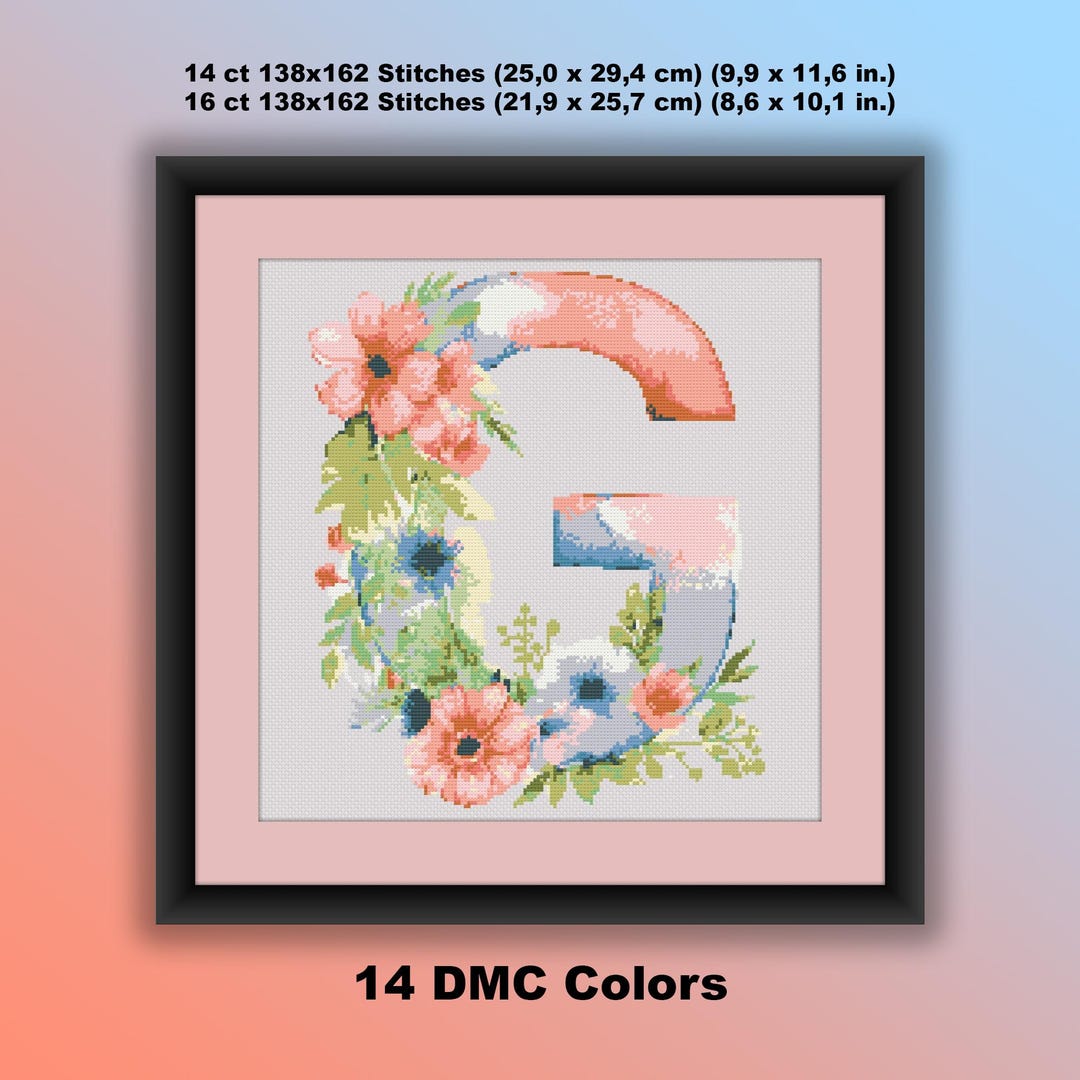 Counted Cross Stitch PDF Pattern, Watercolor Floral Letter G, Spring ...