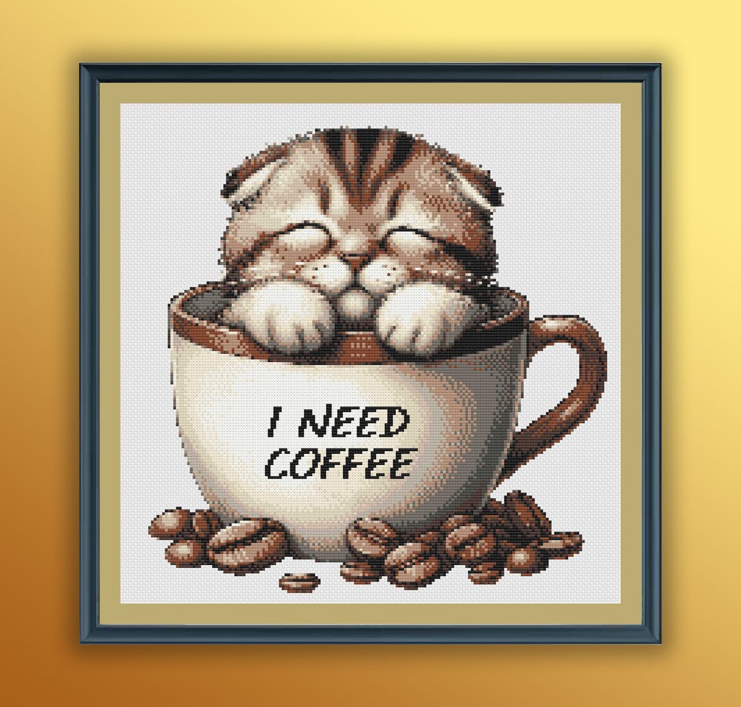 Watercolor Cat in Coffee Cup Counted Cross Stitch Pattern - Funny Kitty ...