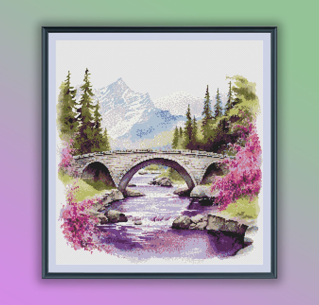 Scenic Countryside Bridge Cross Stitch Pattern: Watercolor Spring ...