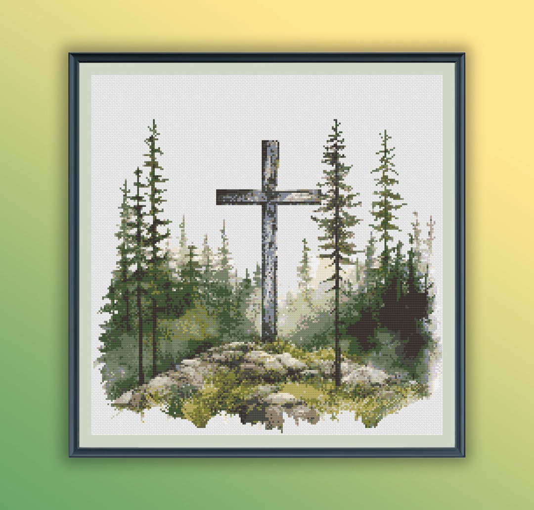 Watercolor Christian Jesus Cross in the Forest Counted Cross Stitch PDF ...