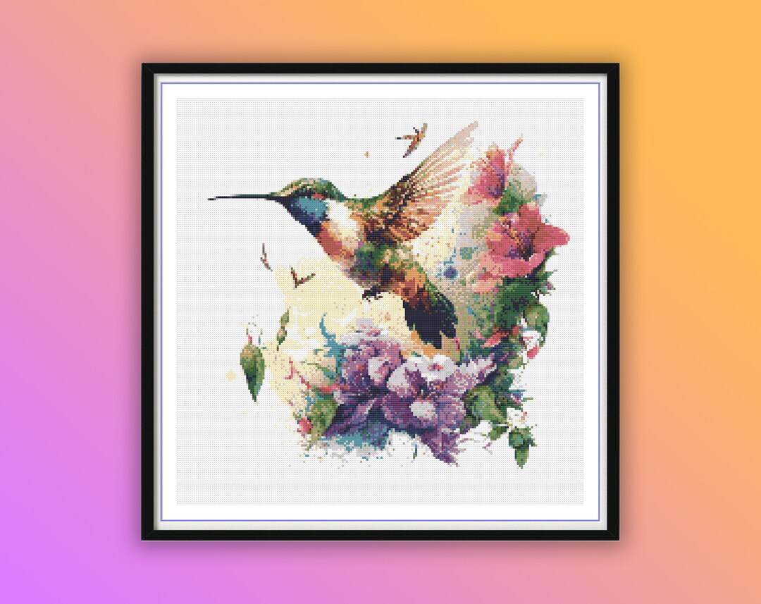 Watercolor Floral Hummingbird Counted Cross Stitch PDF Pattern, Nature ...