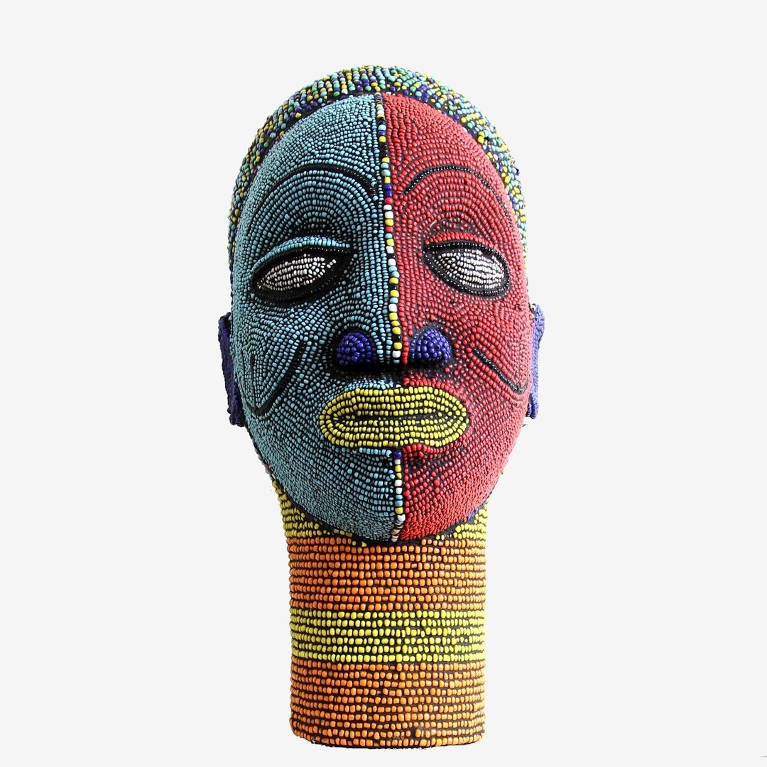 African Statue Ife Head, Ethnic Glass Beaded Head, Side Table Display ...