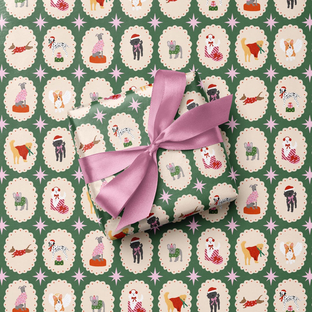 Christmas Dogs Wrapping Paper | Festive Hounds in Costumes Gift Wrap ...