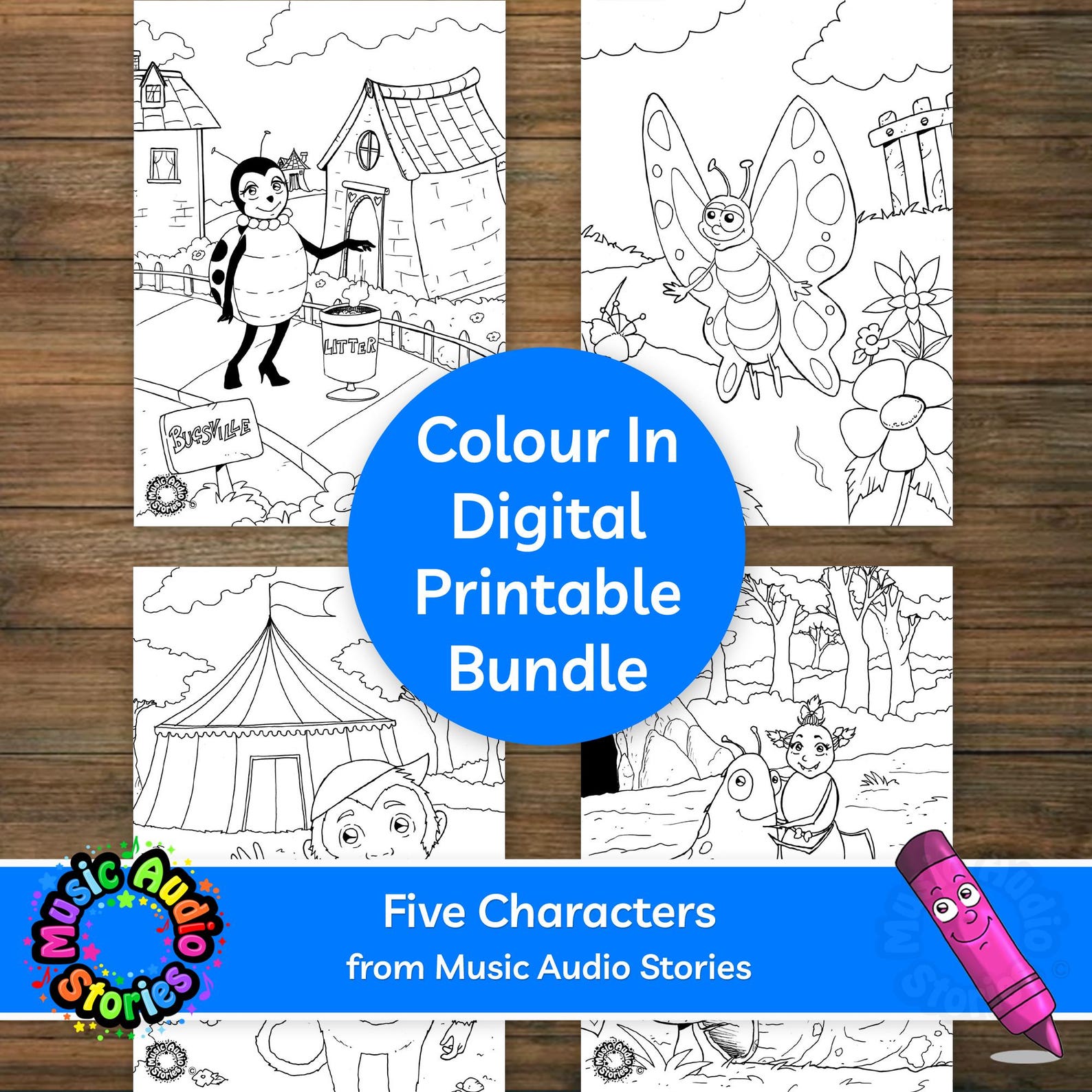 Kids Colouring Pages: Music Audio Stories Character Bundle (digital ...