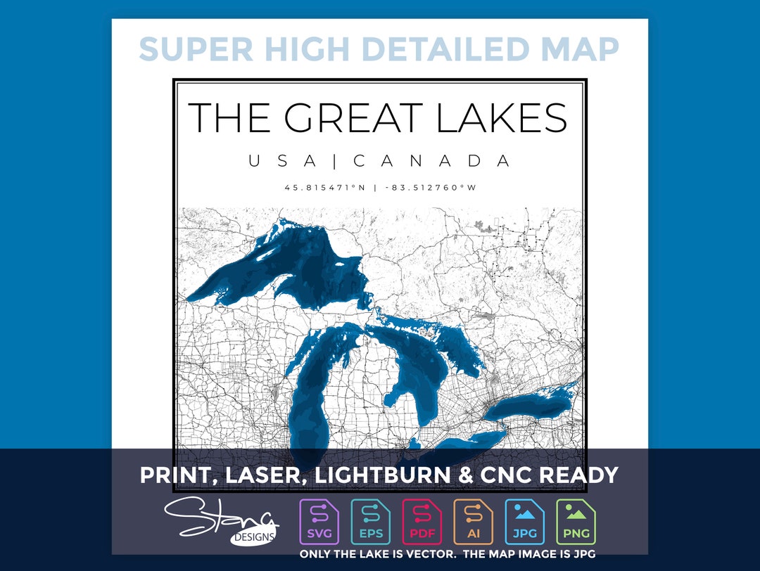 The Great Lakes SUPER HIGH DETAIL Topographical Map | Print Ready Wall ...