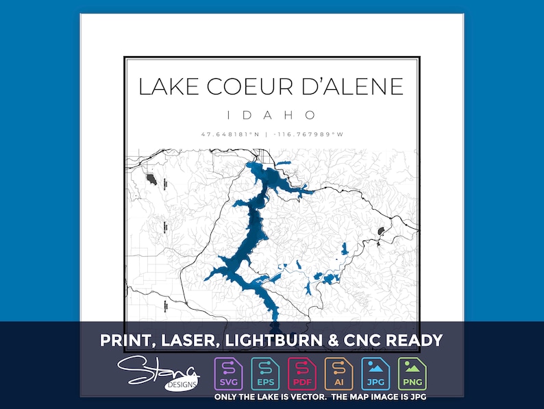 Lake Coeur D’alene ID Topographical Map | Print Ready Wall Decor ...