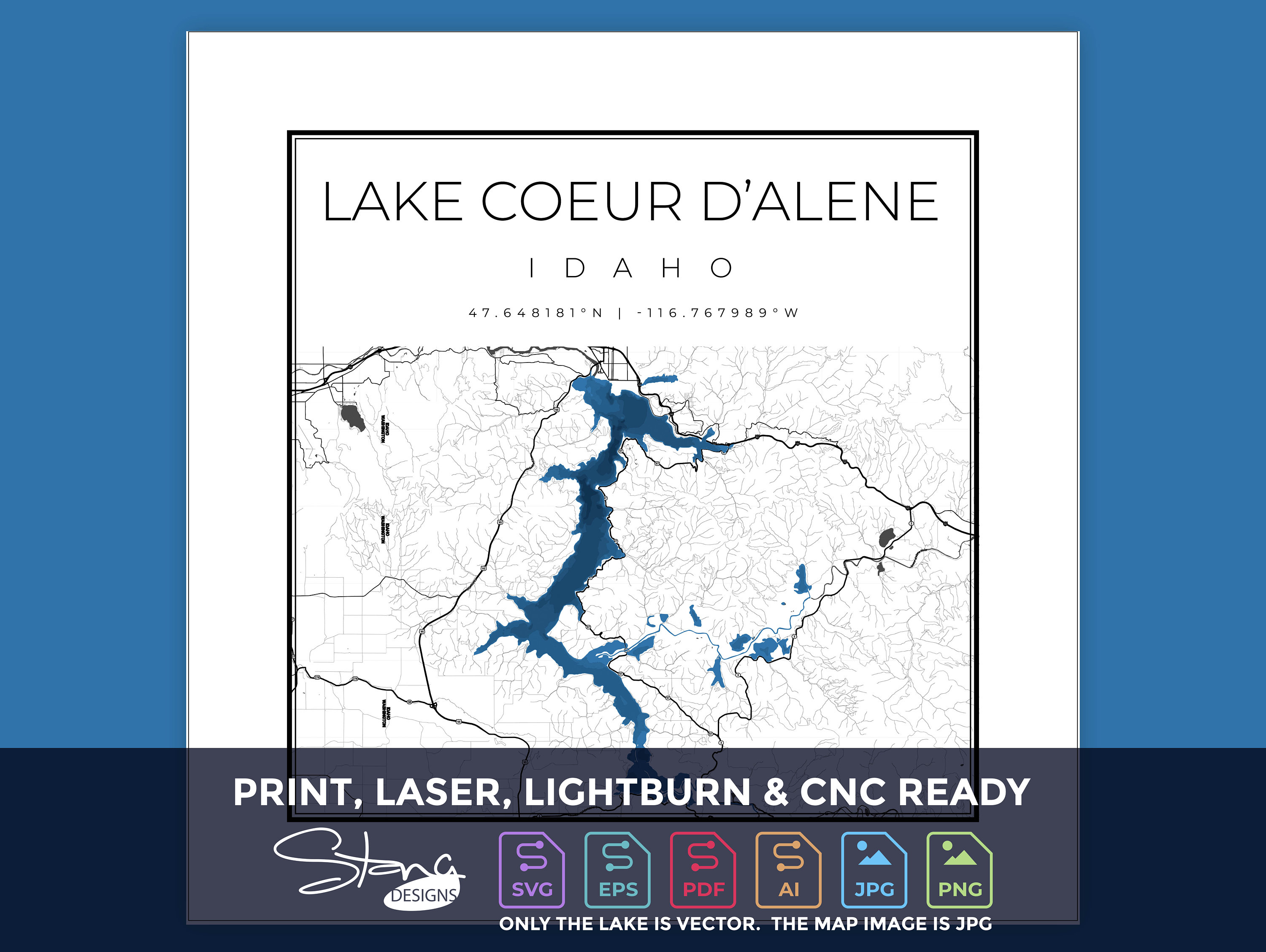 Lake Coeur Dalene ID Topographical Map Print Ready Wall Decor Multiple Layers Svg Pdf Ai Eps Png ...