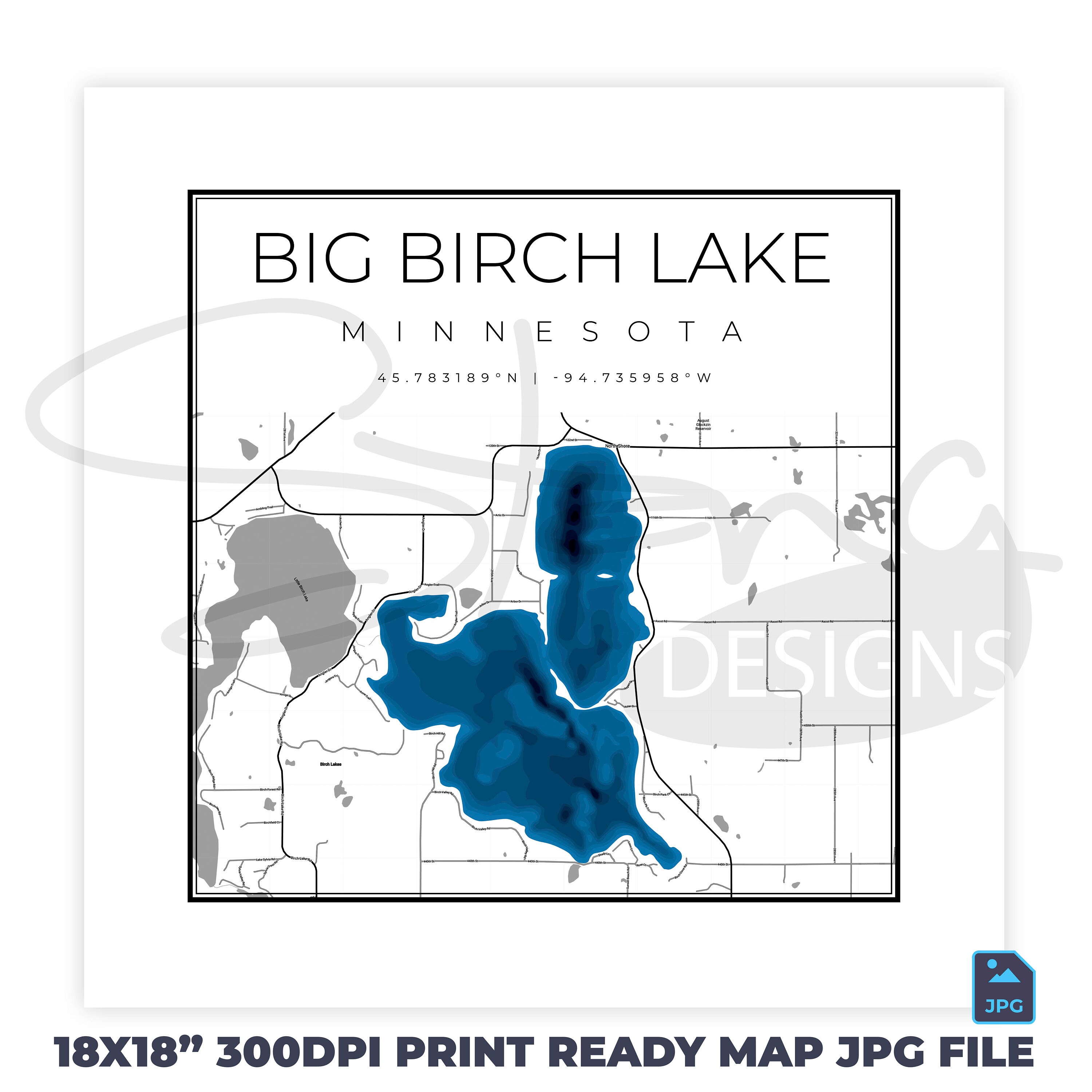 Big Birch Lake, MN Topographical Map | Print Ready Wall Decor ...