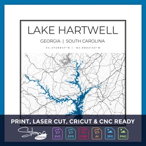 Lake Hartwell GA SC Topographical Map Print Ready Wall Decor - Etsy