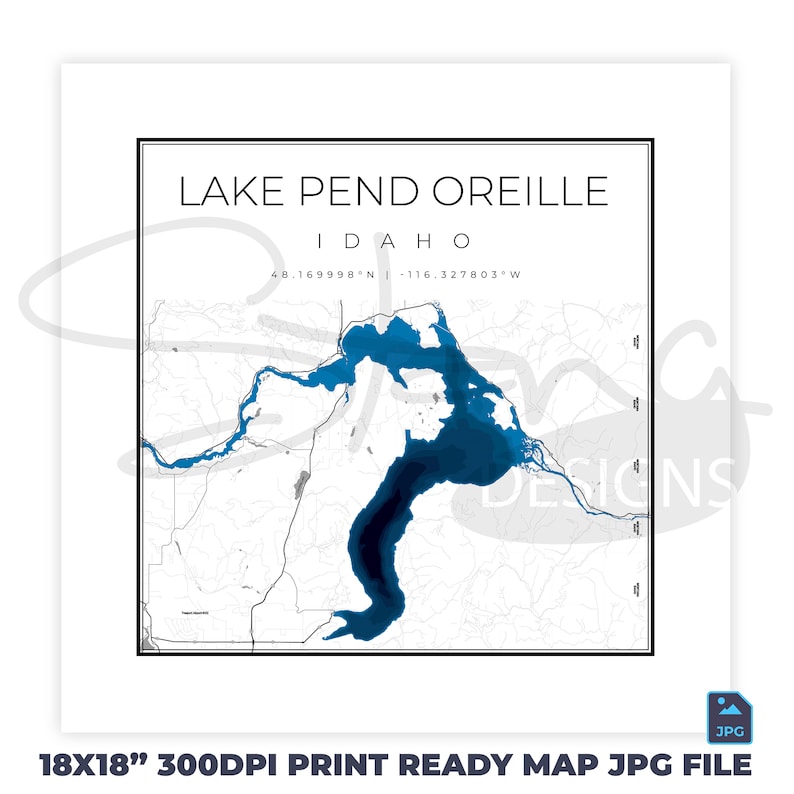 Lake Pend Oreille ID Topographical Map Print Ready Wall Decor Multiple ...