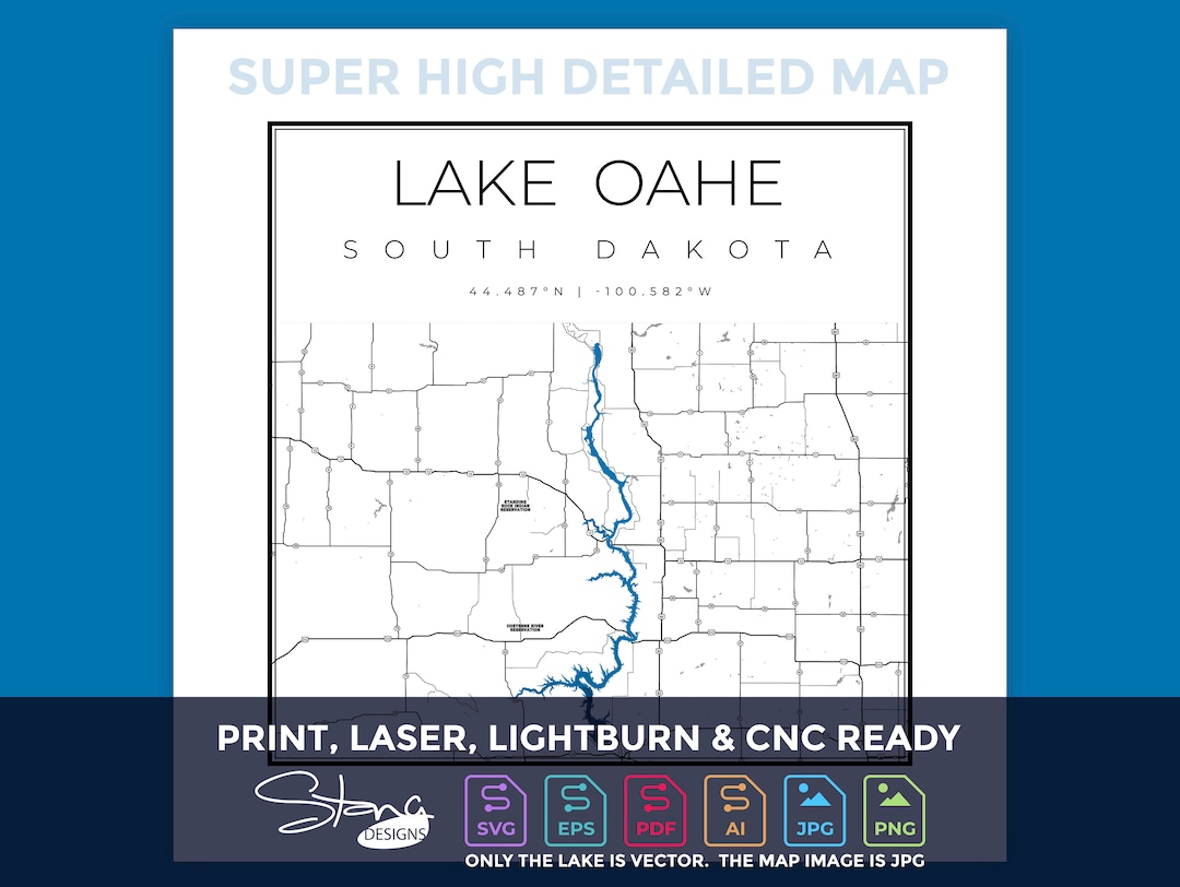 Lake Oahe SD Topographical Map | Print Ready Wall Decor | Multiple ...