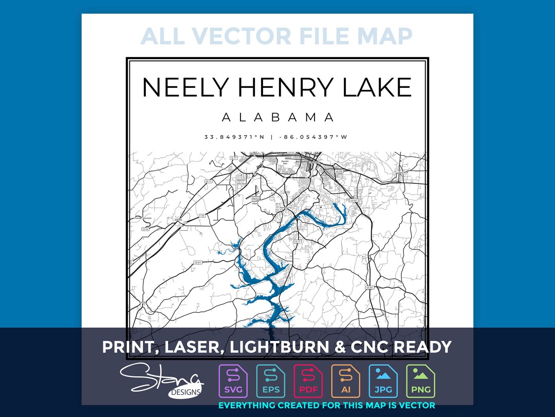 Neely Henry Lake AL Topographical Map | Print Ready Wall Decor ...