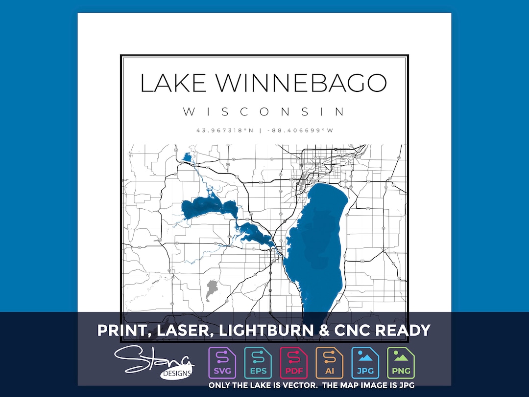 Lake Winnebago WI Chain of Lakes Topographical Map | Print Ready Wall ...