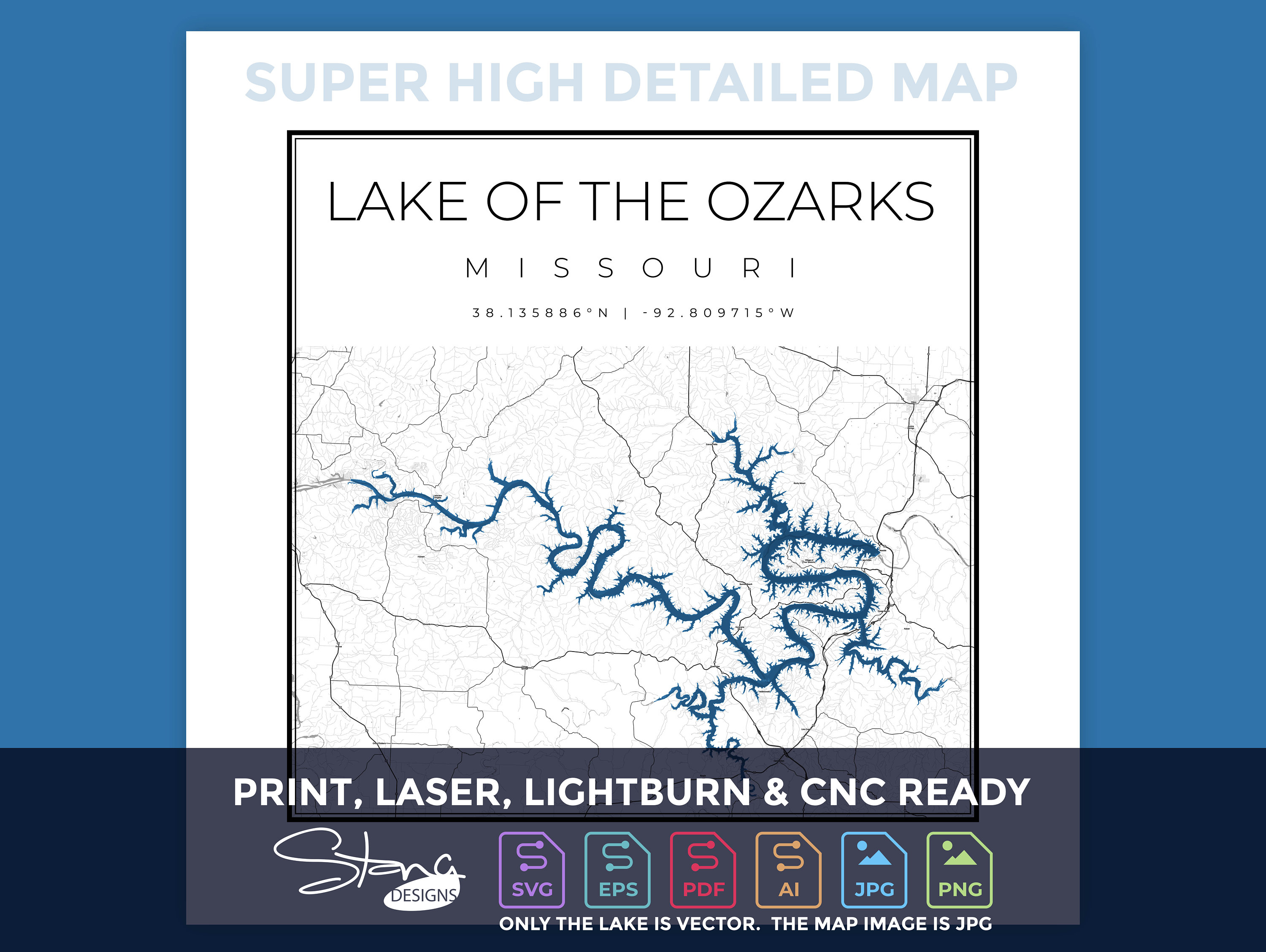 Lake of the Ozarks Topographical Map Print Ready Wall Decor Multiple ...