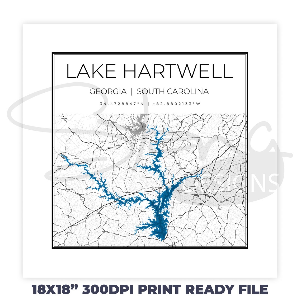 Lake Hartwell GA SC Topographical Map Print Ready Wall Decor - Etsy