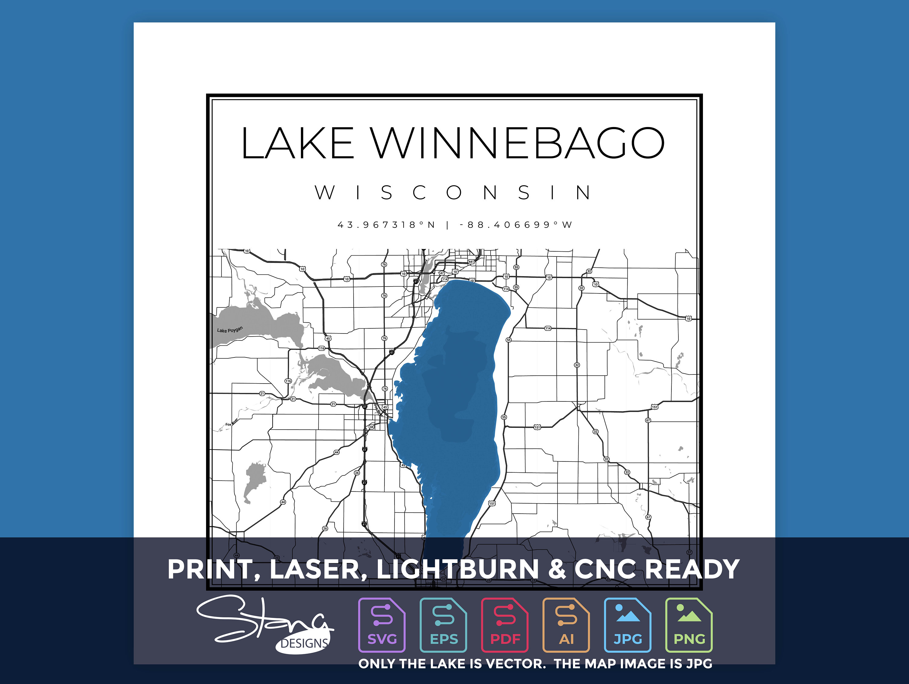 Lake Winnebago WI Topographical Map | Print Ready Wall Decor | Multiple ...