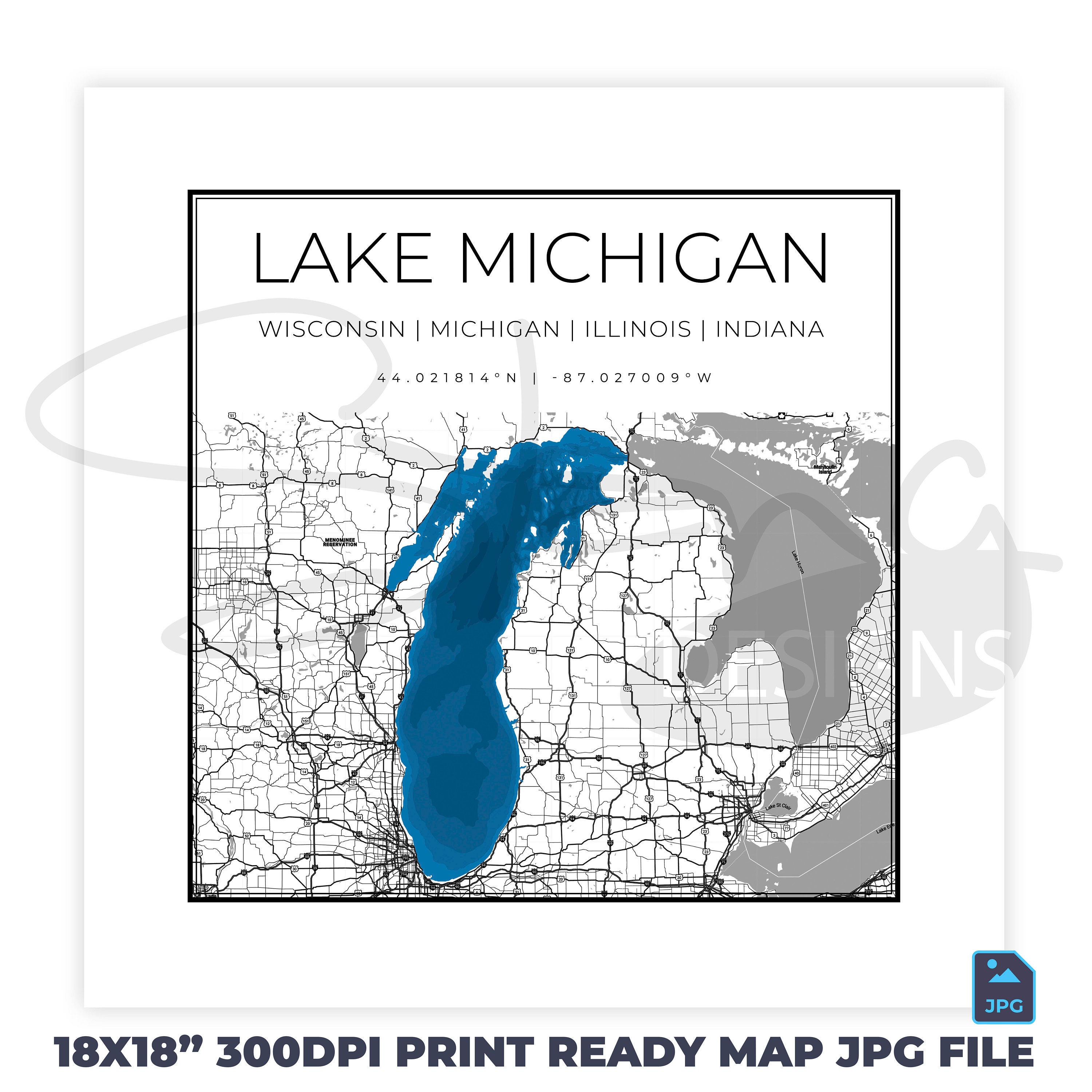 Lake Michigan SUPER HIGH DETAIL Topographical Map | Print Ready Wall ...