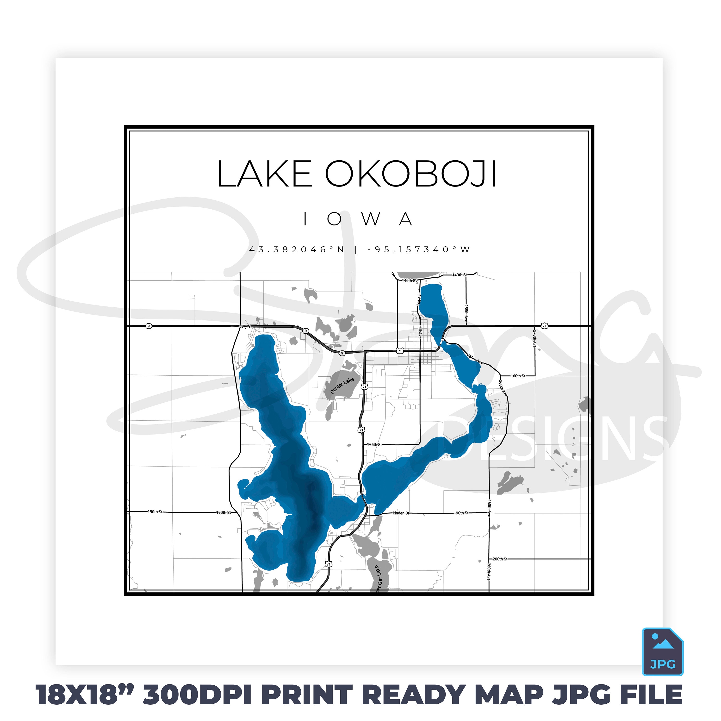 Lake Okoboji IA Topographical Map Print Ready Wall Decor - Etsy