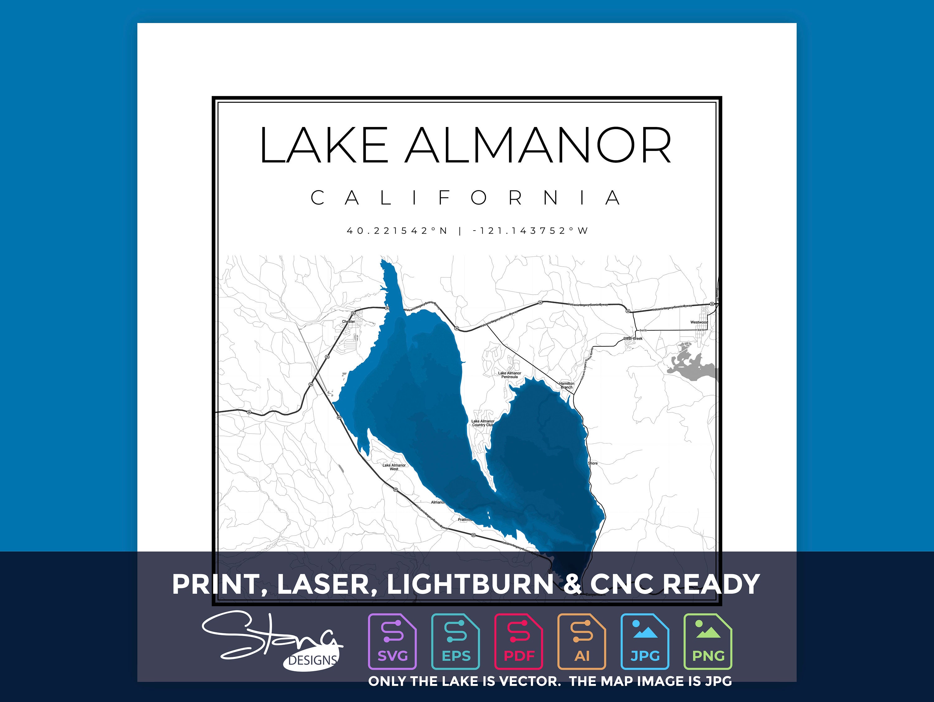 Lake Almanor CA Topographical Map Print Ready Wall Decor Multiple ...