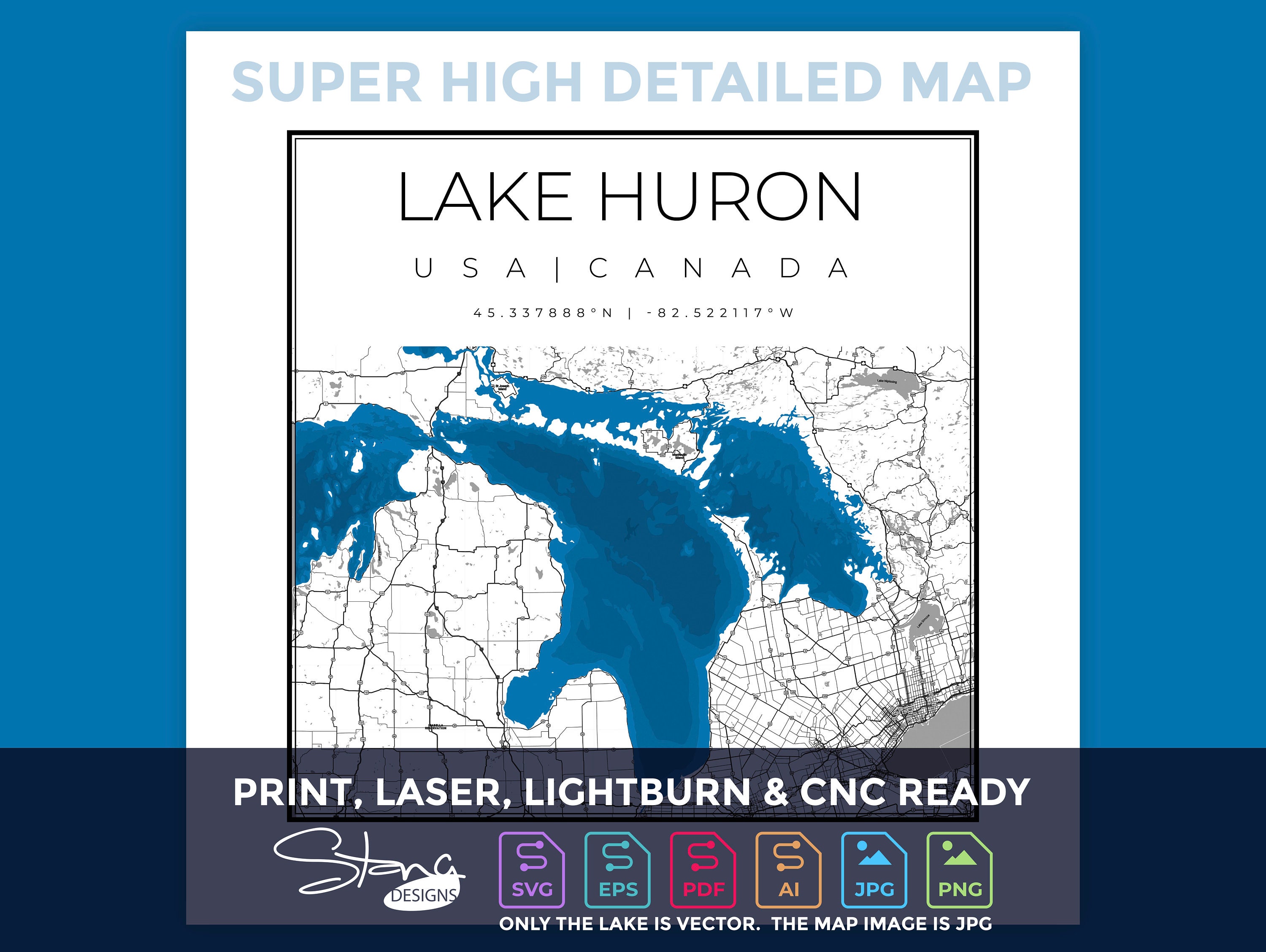Lake Huron SUPER HIGH DETAIL Topographical Map Print Ready Wall Decor 5 ...