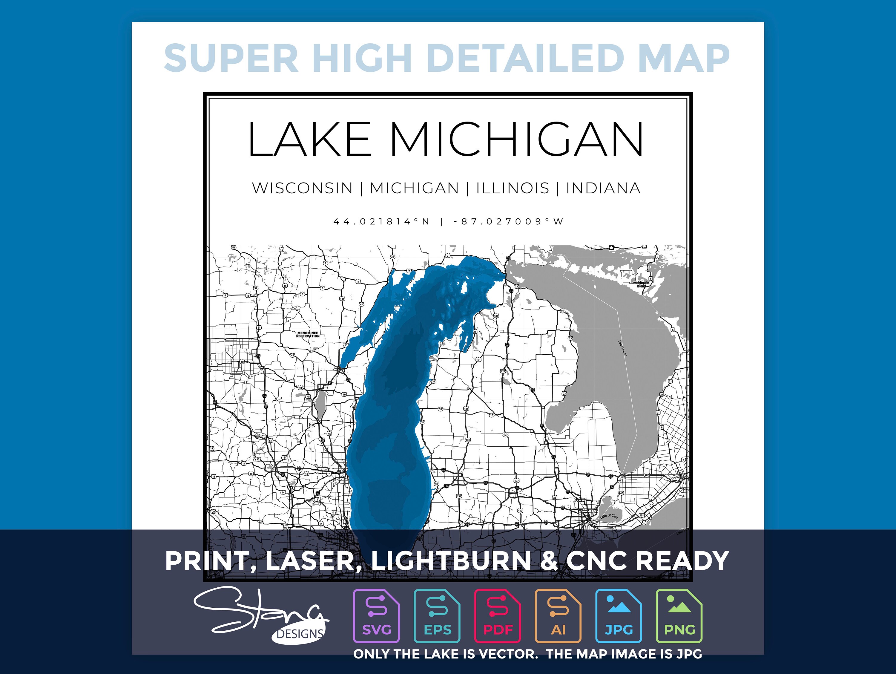 Lake Michigan SUPER HIGH DETAIL Topographical Map Print Ready Wall ...