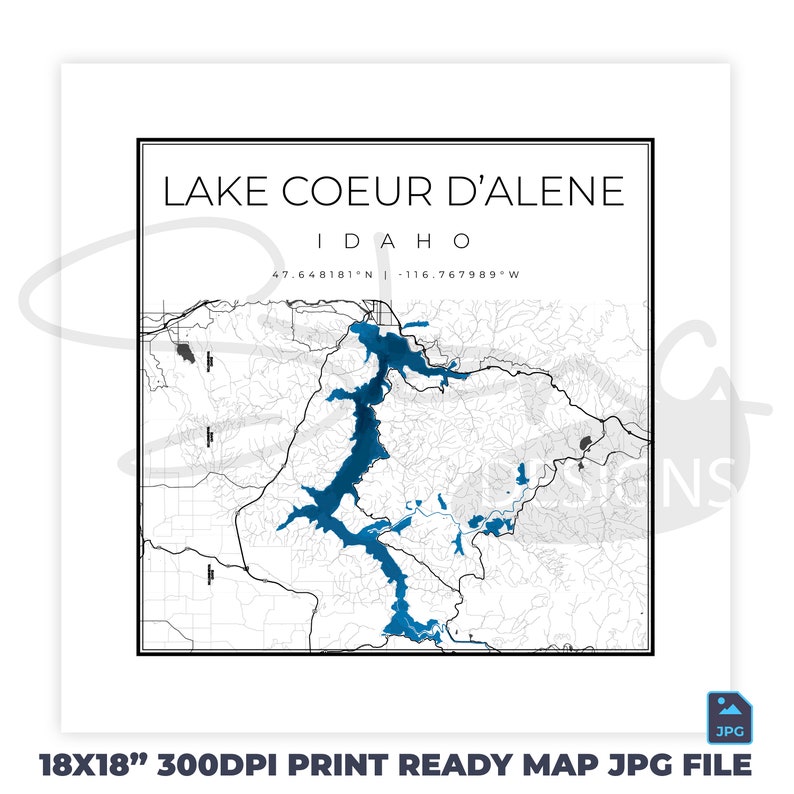Lake Coeur D’alene ID Topographical Map | Print Ready Wall Decor ...