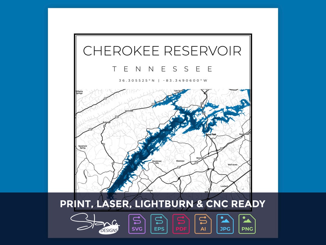 Cherokee Reservoir TN Topographical Map | Print Ready Wall Decor ...