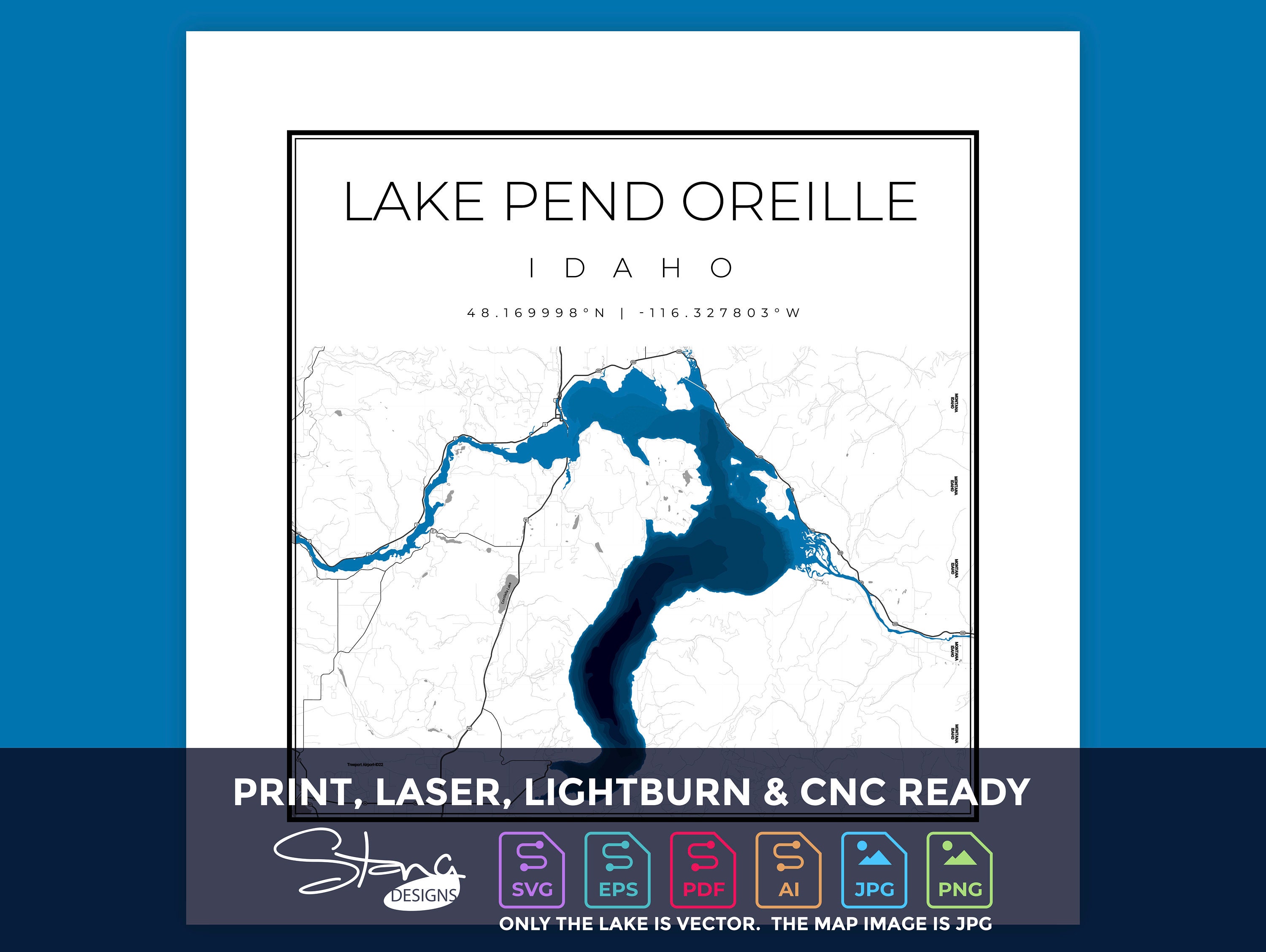Lake Pend Oreille ID Topographical Map Print Ready Wall Decor Multiple ...