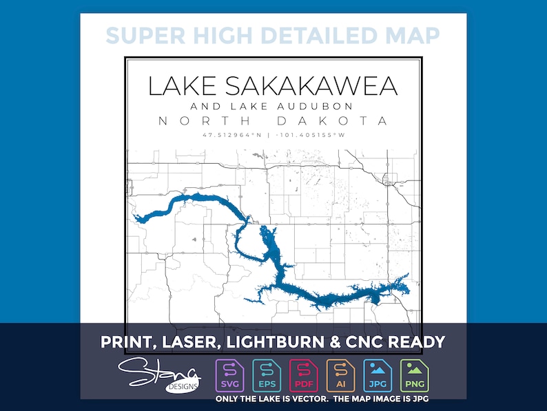 Lake Sakakawea ND Topographical Map | Print Ready Wall Decor | Multiple ...