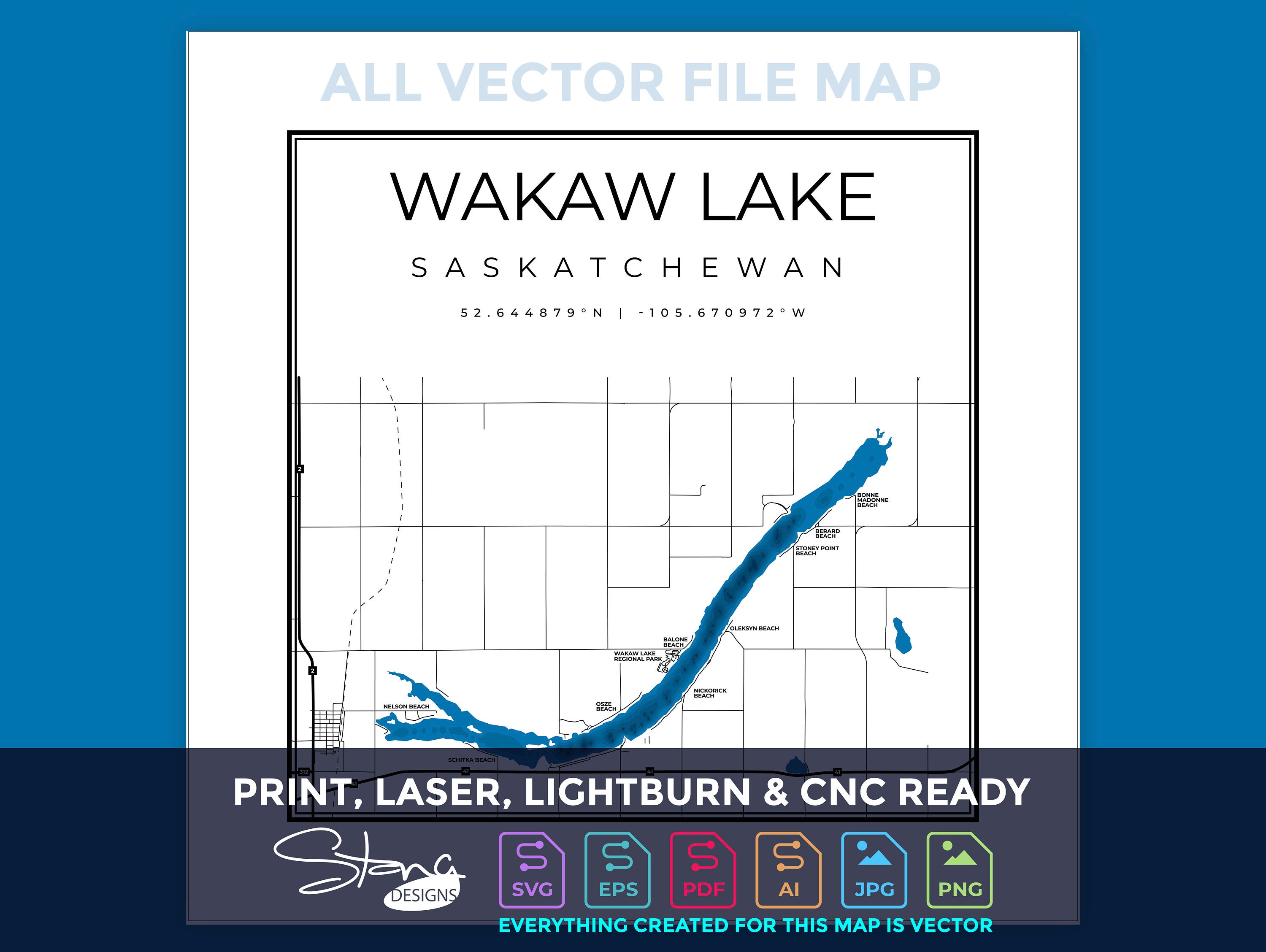 Wakaw Lake SK Topographical Map | Print Ready Wall Decor | Multiple ...